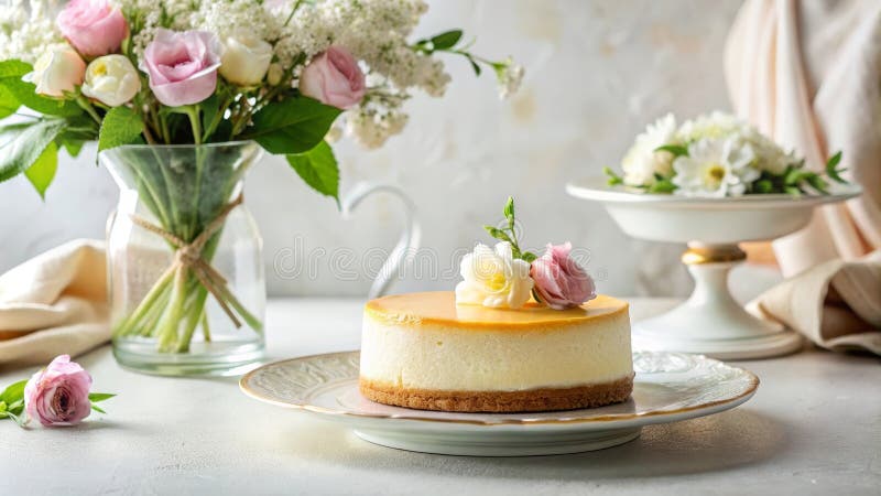 Delicious Caramel Cheesecake with Spring Flowers on a Plate. Generative ...