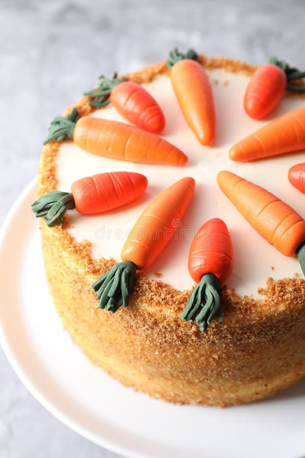 Delicious Carrot Cake on Grey Table, Closeup Stock Photo - Image of ...