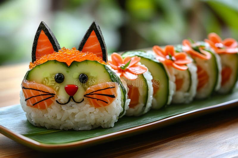 Delicious Cat-shaped Sushi Rolls are Being Presented on a Wooden Table ...