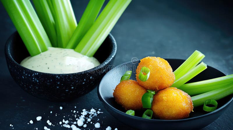 Delicious Cheese Balls with Celery Sticks and Ranch Dressing on Dark ...