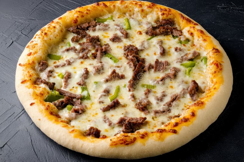 Delicious Cheese and Beef Pizza with Green Peppers on Rustic Dark ...