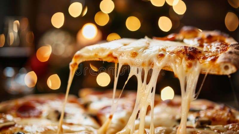 Delicious Cheese Pizza Slice with Melting Cheese and Bokeh Lights in ...