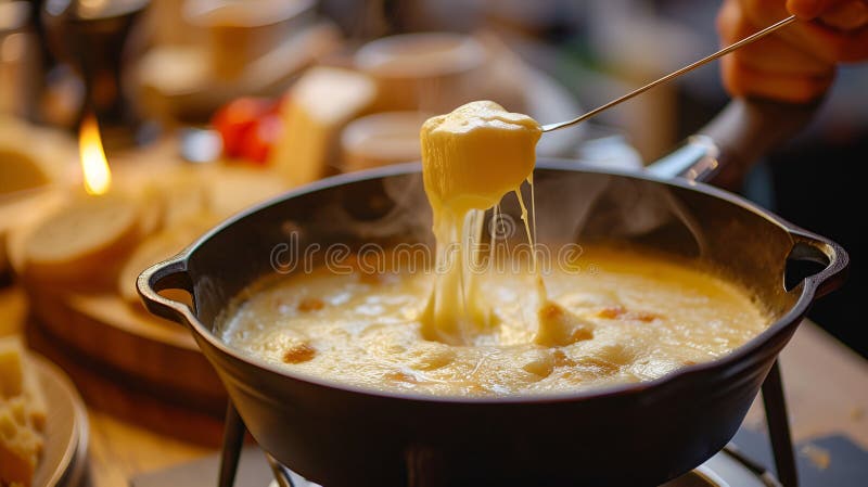 Delicious Cheese Pull from a Fondue Pot, Captured in a Warmly Lit ...