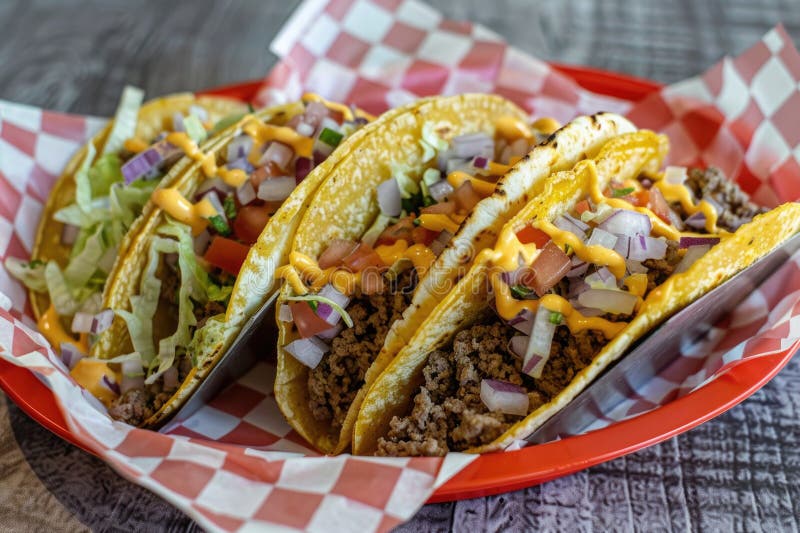 Delicious Cheese-Topped Beef Tacos with Fresh Tomato Salsa Stock Photo ...