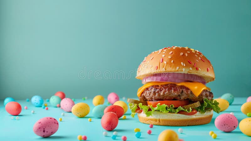 Delicious Cheeseburger with Colorful Easter Eggs on a Bright Blue ...