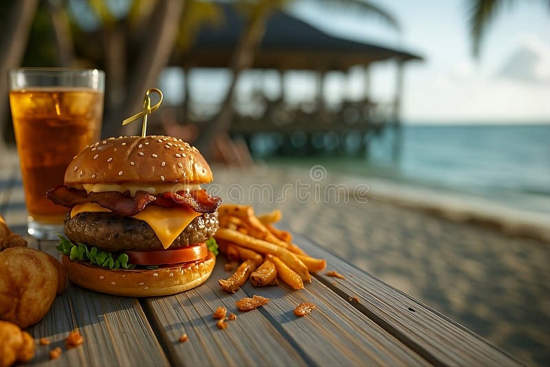 Delicious Cheeseburger and Fries on a Beach Stock Illustration ...