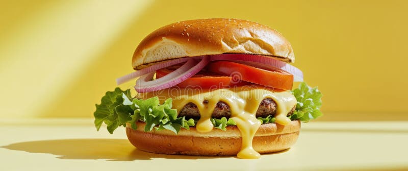 Delicious Cheeseburger with Melting Cheese and Fresh Vegetables Over ...