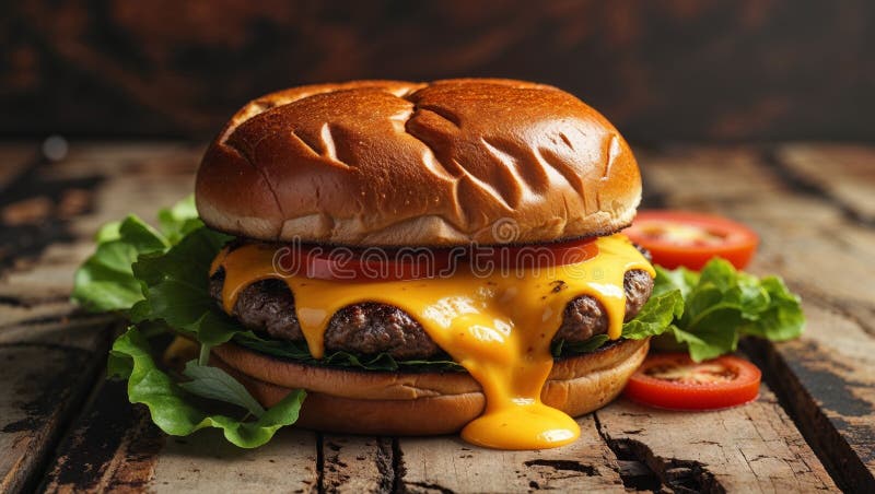 Delicious Cheeseburger on a Rustic Wooden Surface. Stock Image - Image ...
