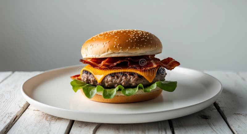 A Delicious Cheeseburger on a White Plate Sitting on a Wooden Table ...