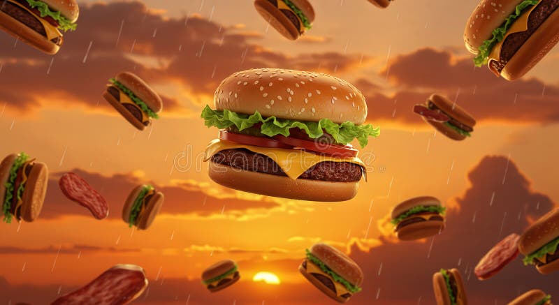 Delicious Cheeseburgers Falling from the Sky at Sunset Stock ...