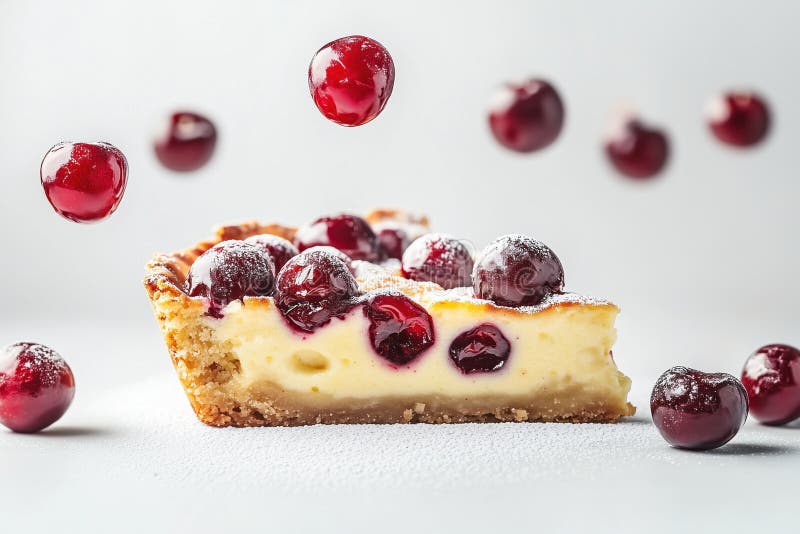 Delicious Cheesecake Fresh Cherries Falling White Background Stock ...