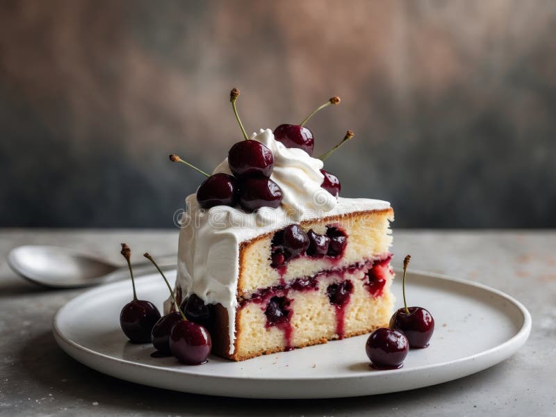 Delicious Cherry Cake Slice with Whipped Cream and Fresh Cherries Stock ...