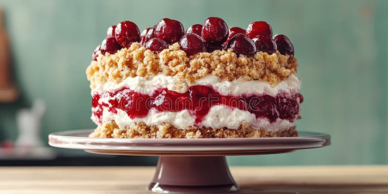 Delicious Cherry Crumble Cake Displayed on a Cake Stand with Vibrant ...