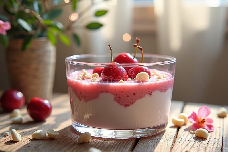 Delicious Cherry Parfait with Cream and Nuts on Rustic Wooden Table in Sunlit Room Stock Photo ...