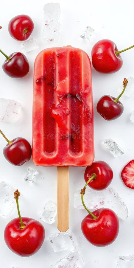 Delicious Cherry Popsicle Surrounded by Fresh Cherries and Ice Cubes ...