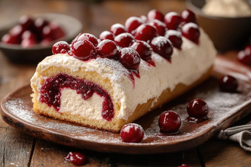 Delicious Cherry Roll Cake with Whipped Cream Topping Stock ...