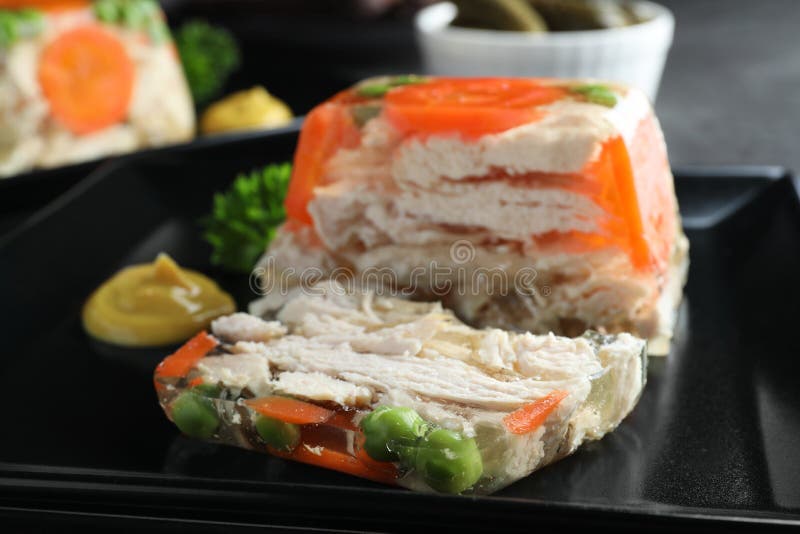 Delicious Chicken Aspic with Vegetables on Plate, Closeup Stock Image ...