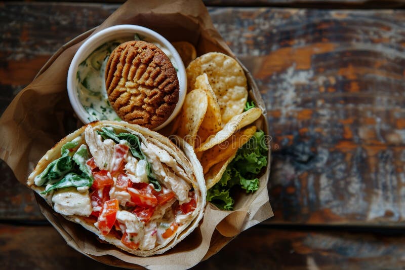 Delicious Chicken Caesar Salad in Wrap with Chips and Cookie on Brown ...