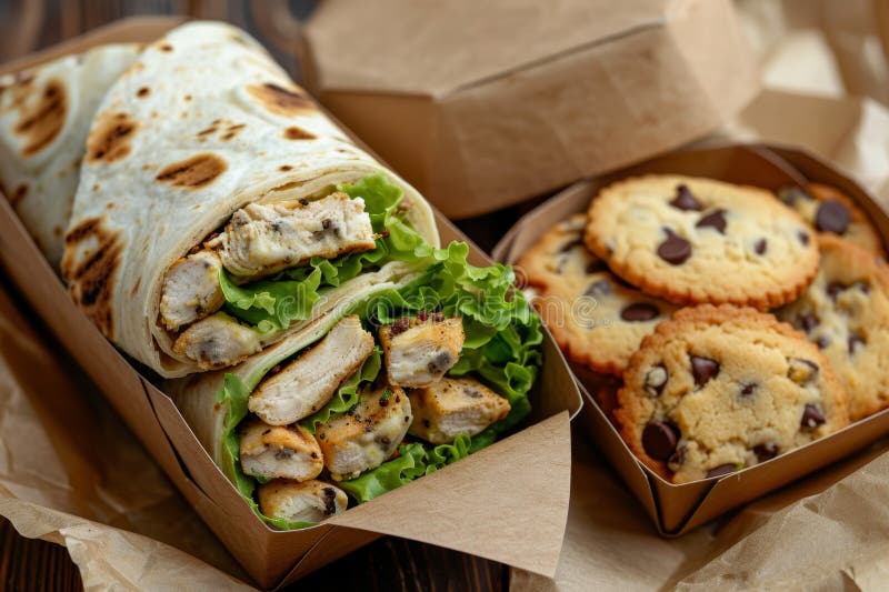 Delicious Chicken Caesar Salad Wrap with Chips and Cookie on Wooden ...