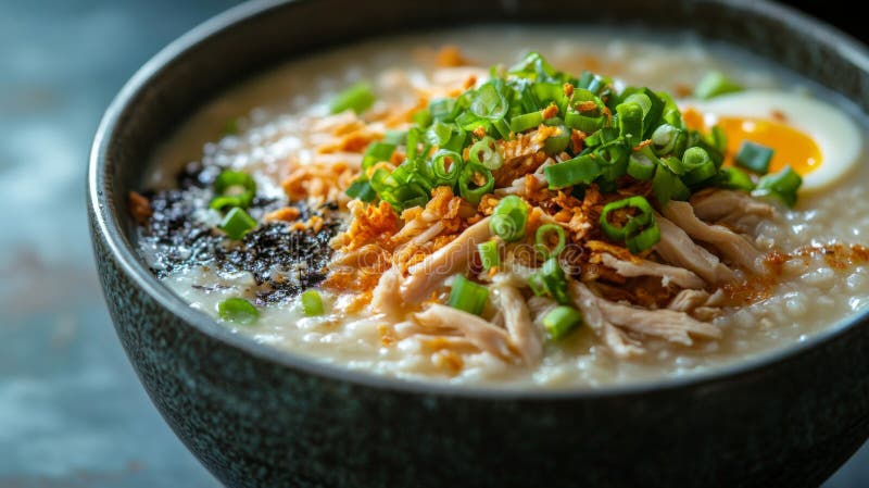 Delicious Chicken Congee with Egg and Garnishes Stock Illustration ...