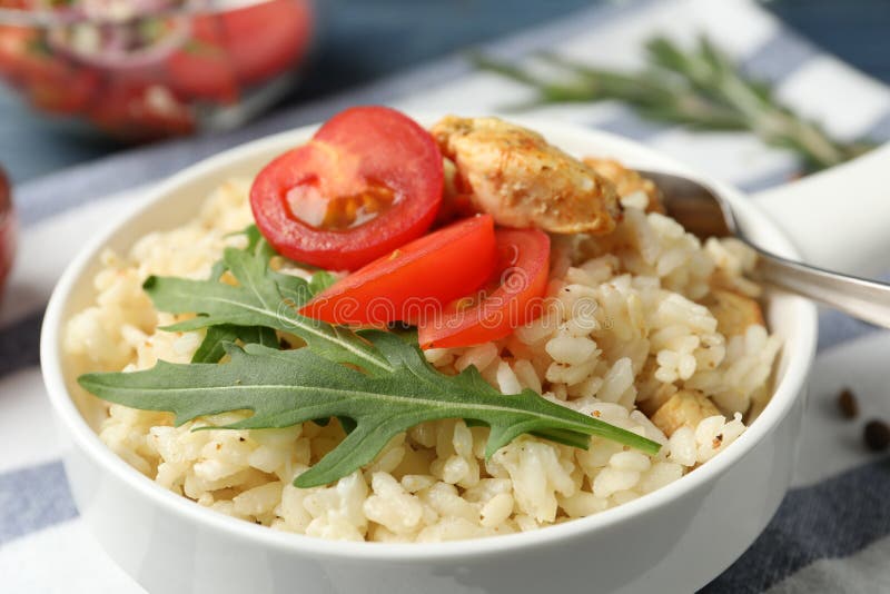 Delicious Chicken Risotto Served in Bowl, Closeup Stock Photo - Image ...