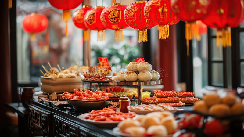 Delicious Chinese Food Buffet with Red Lanterns Stock Illustration ...