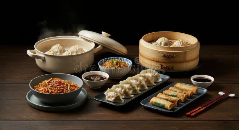 Delicious Chinese New Year-Dim Sum, Spring Rolls and Noodles Stock ...