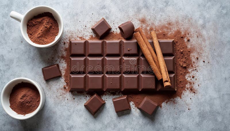 Delicious Chocolate Bar with Cocoa Powder and Cinnamon Sticks Stock ...