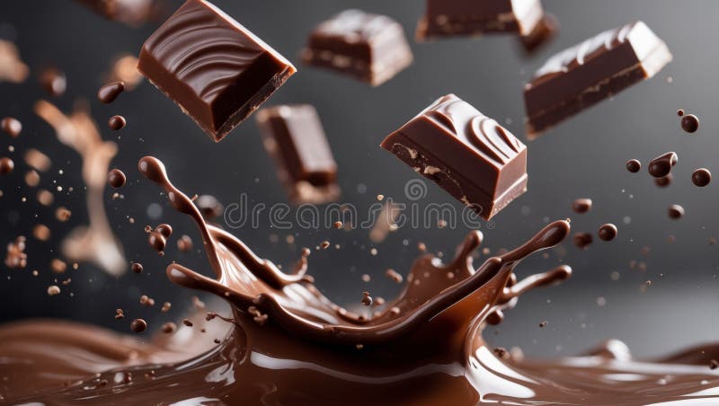 Delicious Chocolate Bar Pieces Falling into Chocolate Splash Stock ...