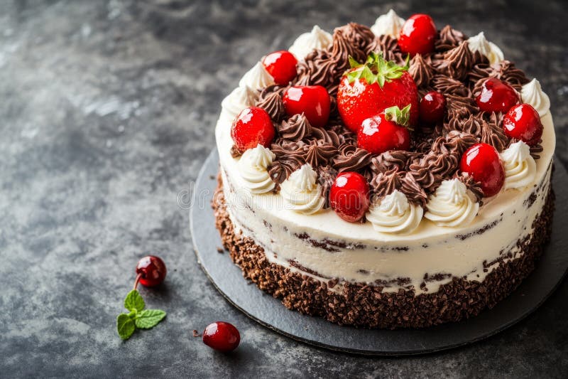 Delicious Chocolate Cake with Cherries and Strawberry is Waiting on a ...