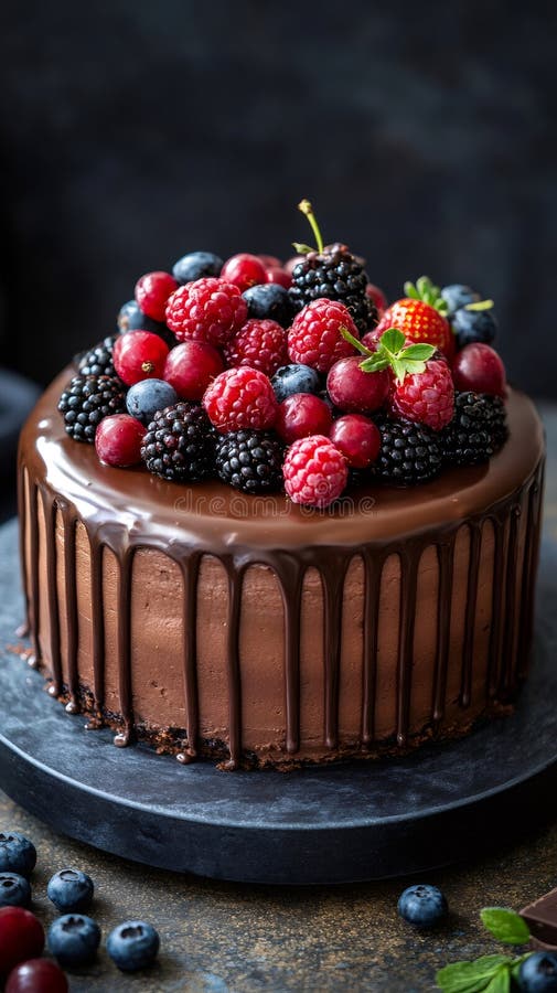 Delicious Chocolate Cake Dripping with Ganache and Topped with Mixed ...