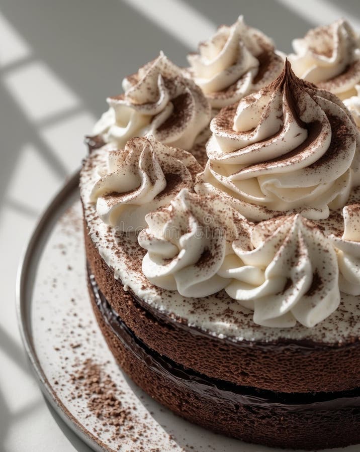Delicious Chocolate Cake with Whipped Cream and Cocoa Dusting Stock ...
