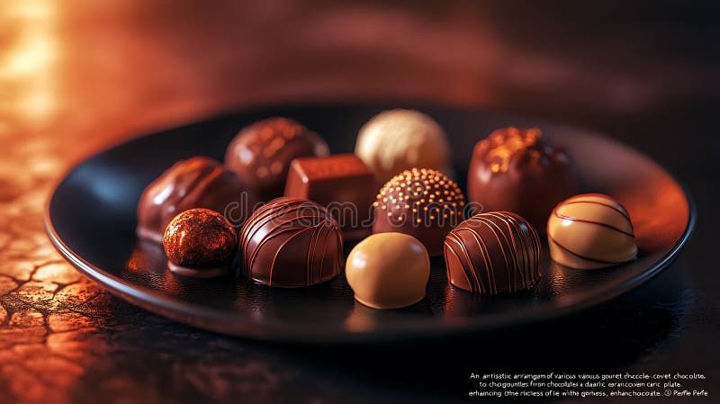 Chocolate Candies on Black Plate with Dark Background Stock ...
