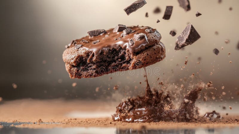 Delicious Chocolate Chip Cookie in Mid-Air with Chocolate Sauce Splash ...