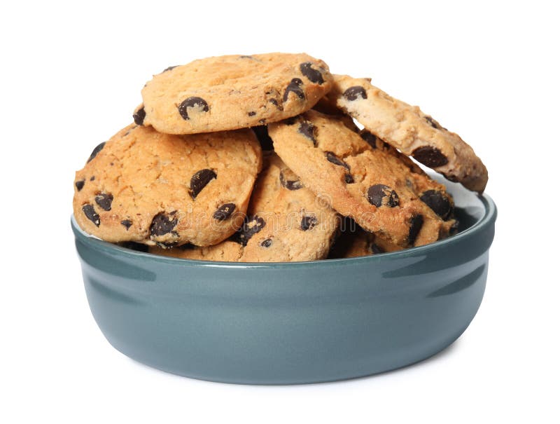 Delicious Chocolate Chip Cookies in Bowl Isolated on White Stock Image ...