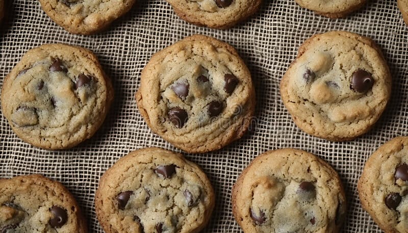 Delicious Chocolate Chip Cookies on Burlap Fabric, Closeup Stock Image ...
