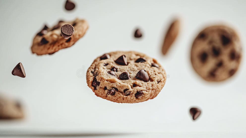 Delicious Chocolate Chip Cookies Falling and Floating Isolated on White ...
