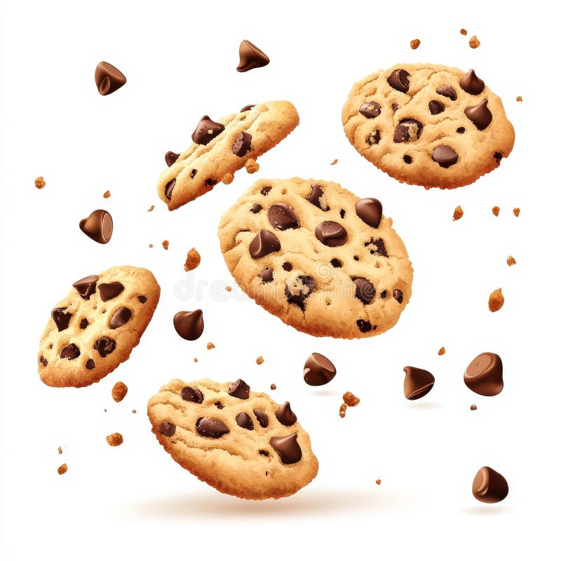 Delicious Chocolate Chip Cookies Falling on White Background Stock ...