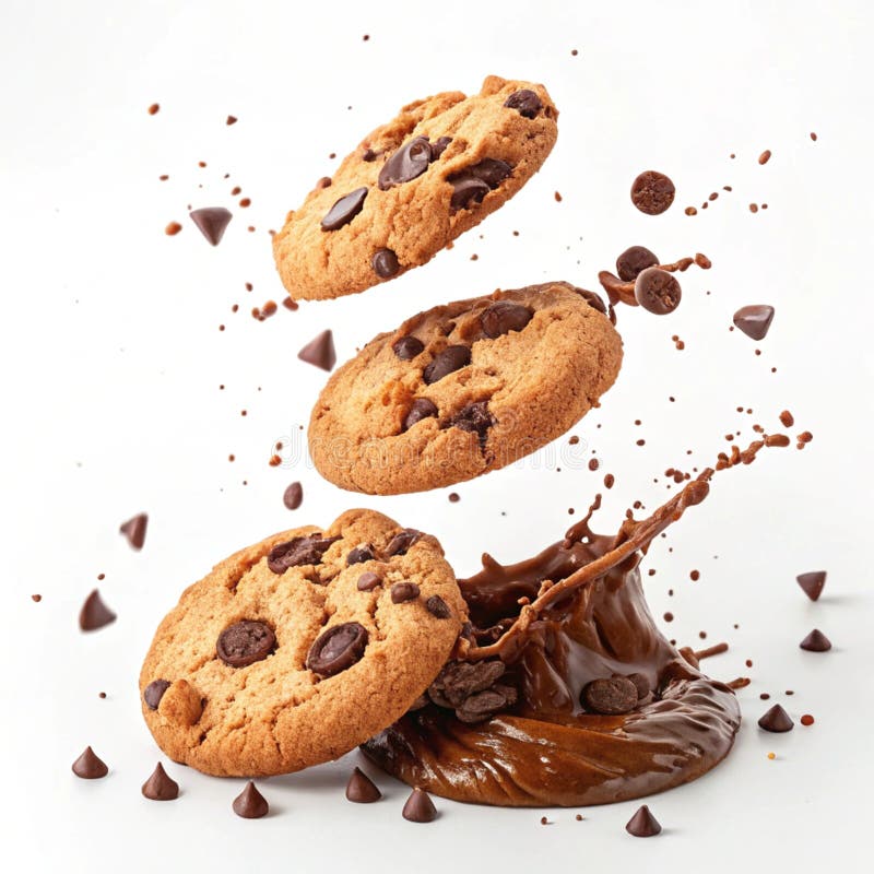 Delicious Chocolate Chip Cookies in Mid-air, with Splashes of Melted ...