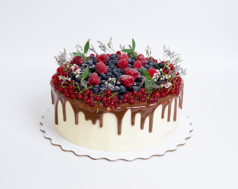 Delicious Chocolate Color Drip Cake with Berries Stock Image - Image of ...
