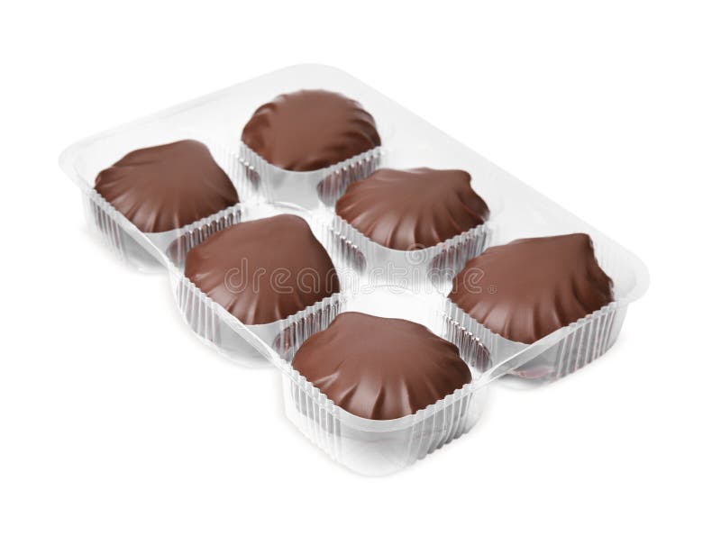 Delicious Chocolate Covered Marshmallows in Package on White Background ...
