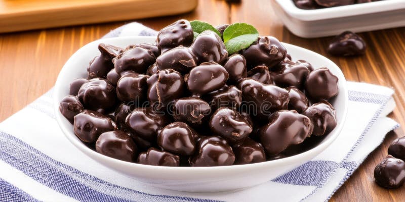Delicious Chocolate Covered Raisins in White Bowl on Cozy Kitchen Table ...