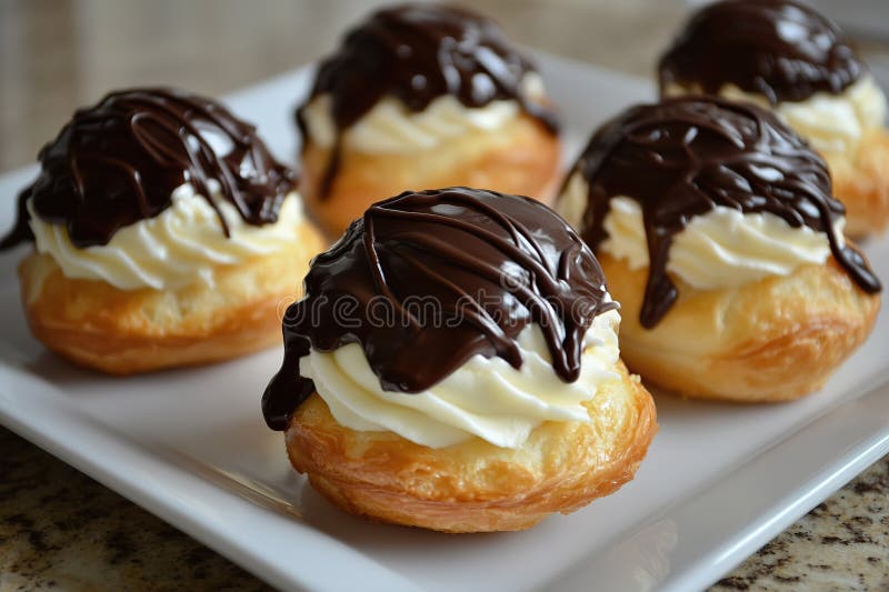 Delicious Chocolate Cream Puffs on a White Plate Stock Image - Image of ...