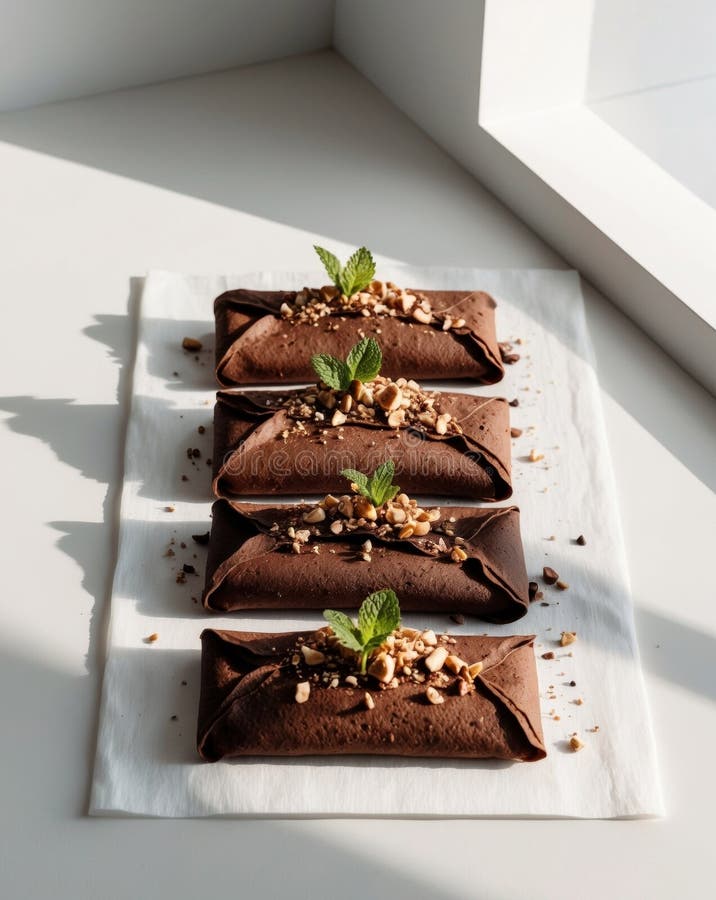Delicious Chocolate Crepe Rolls with Nuts and Mint Garnish Stock Photo ...