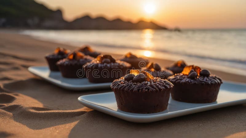 Delicious Chocolate Lava Cakes at Sunset Beach Stock Illustration ...