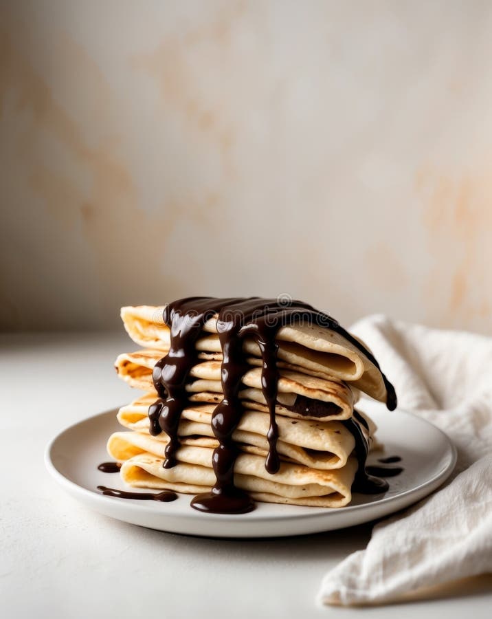 Delicious Chocolate Drizzled Crepe Stack on Plate Stock Image - Image ...