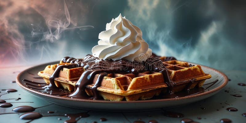 Delicious Chocolate Drizzled Waffles with Whipped Cream Stock Photo ...