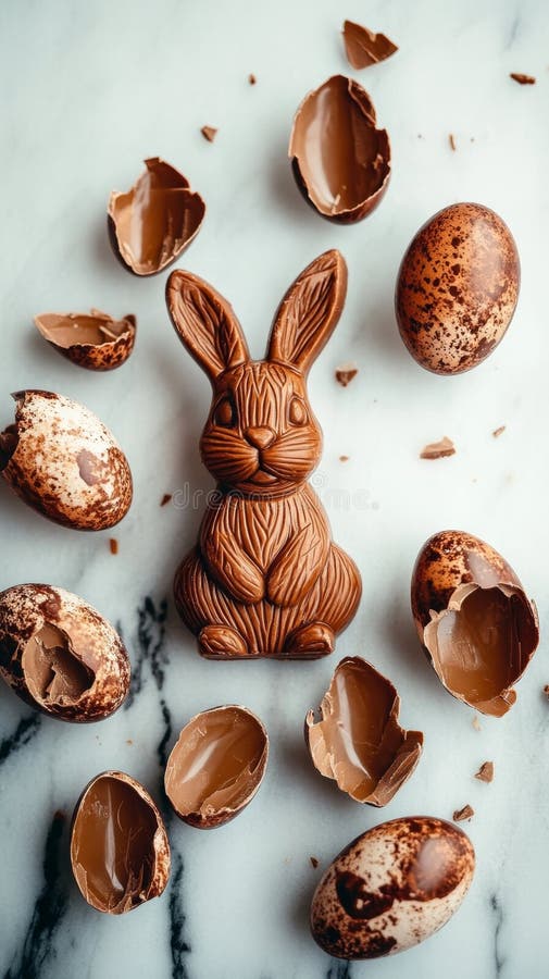 Delicious Chocolate Easter Bunny Centerpiece Surrounded by Broken ...