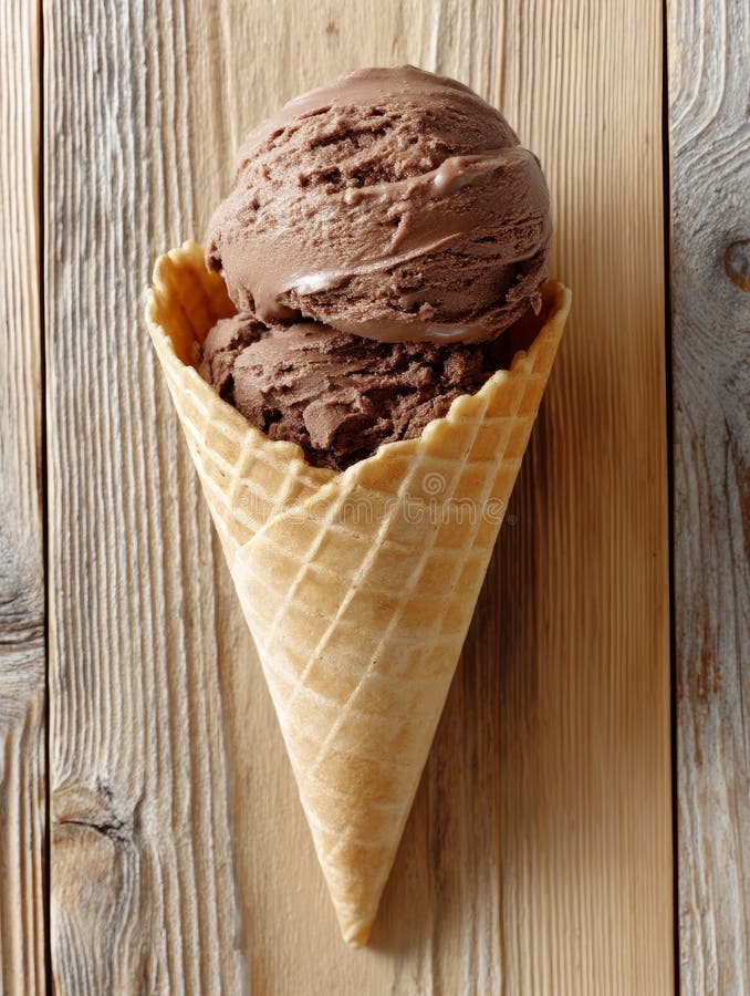 Delicious Chocolate Ice Cream on a Waffle Cone Over Rustic Wood. Stock ...