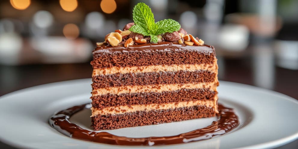 Delicious Chocolate Layer Cake Slice with Chocolate Drizzle, Nuts, and ...